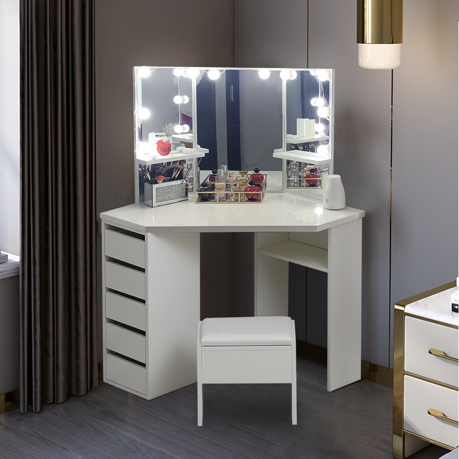 CLIPOP 5 Drawer Vanity Desk White Corner Dressing Table with Mirror ...