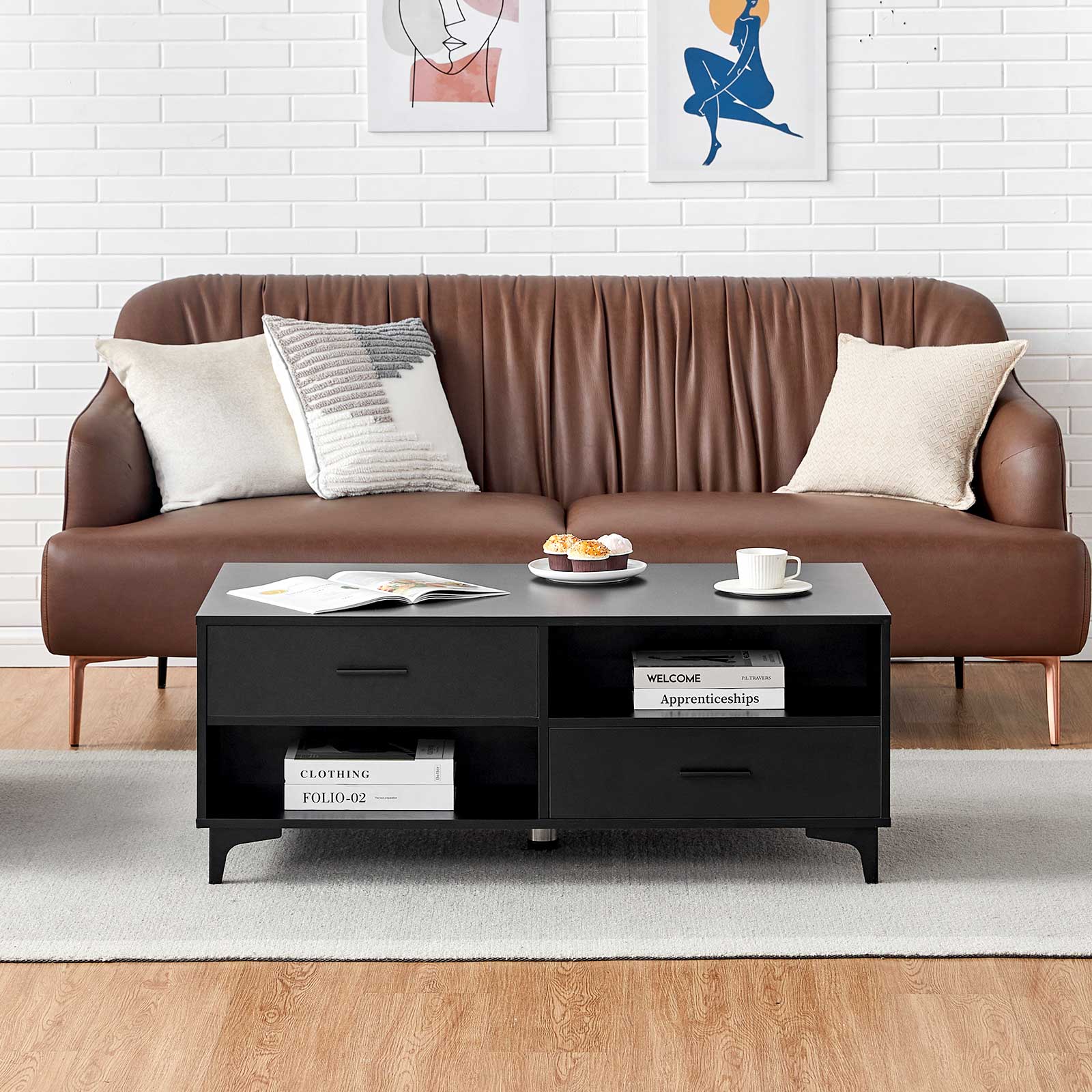 Adamo Modern Coffee Table - Storage Table with Drawers & Open Shelves ...