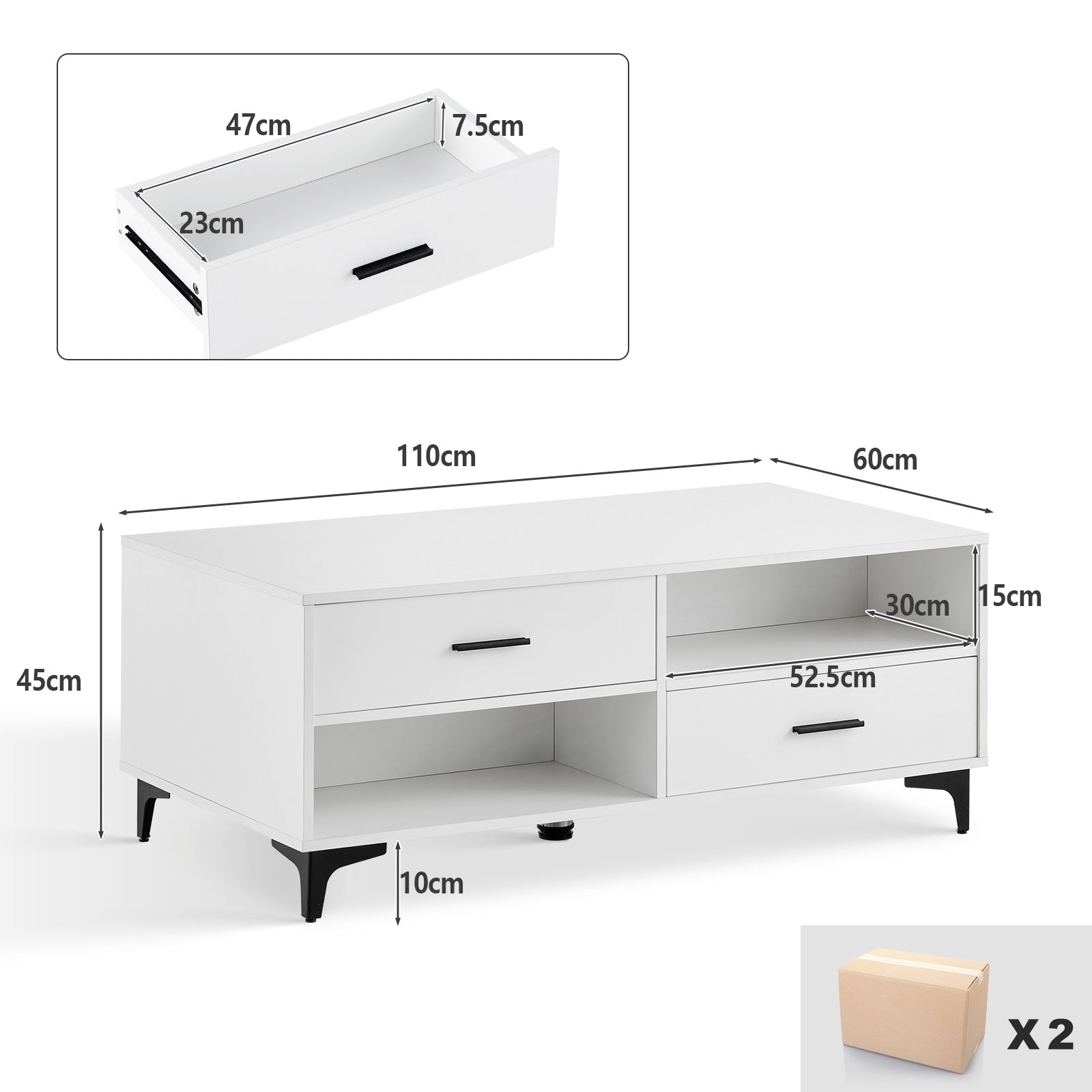 Adamo Modern Coffee Table - Storage Table with Drawers & Open Shelves ...