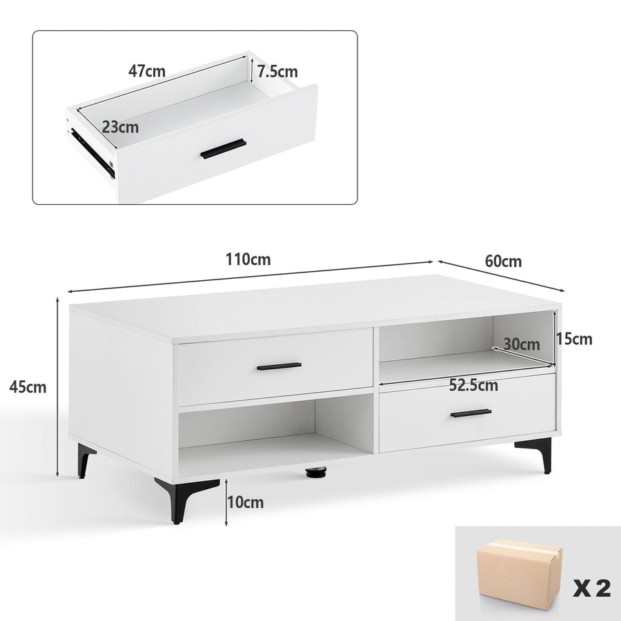 Adamo Modern Coffee Table - Storage Table with Drawers & Open Shelves ...