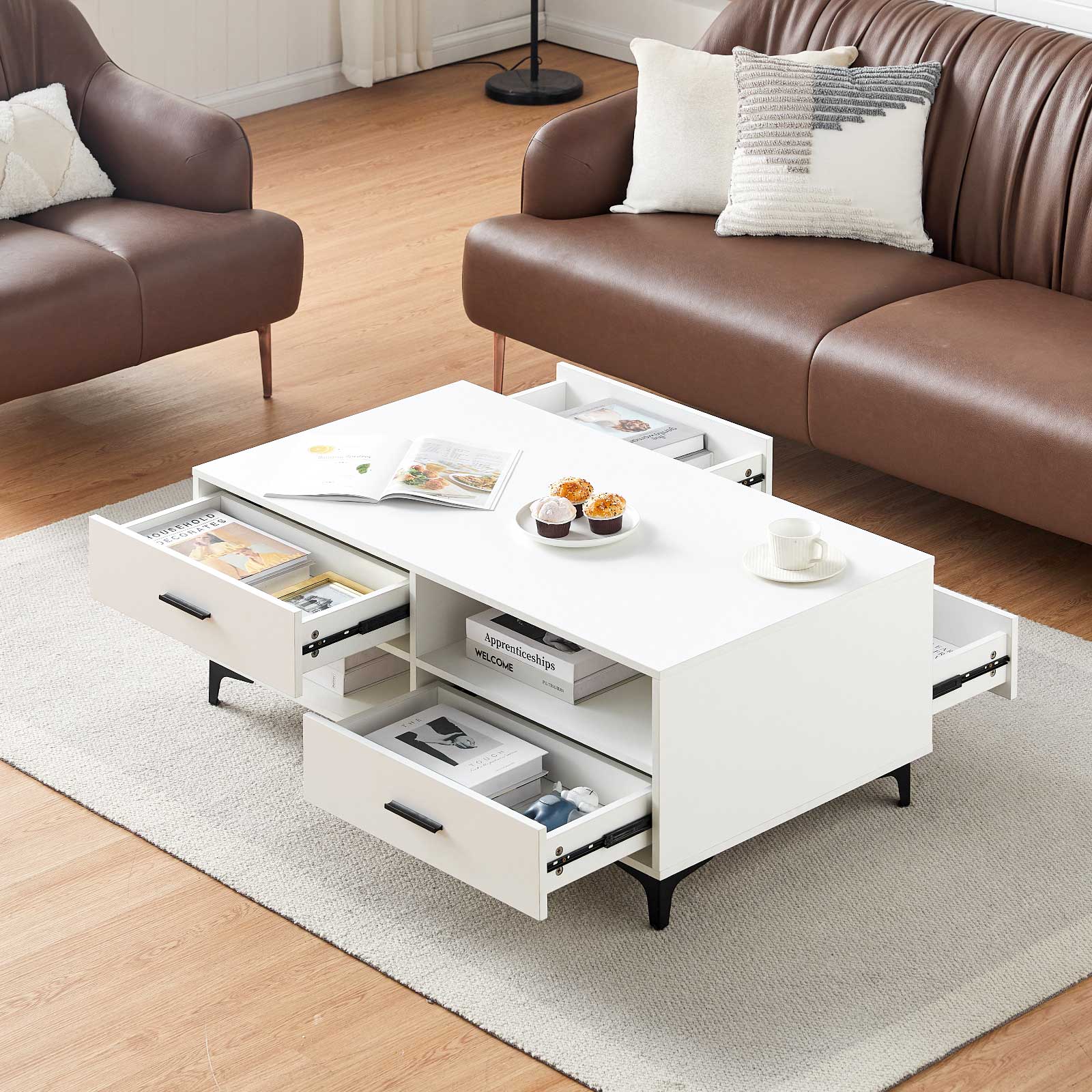 Adamo Modern Coffee Table - Storage Table with Drawers & Open Shelves ...