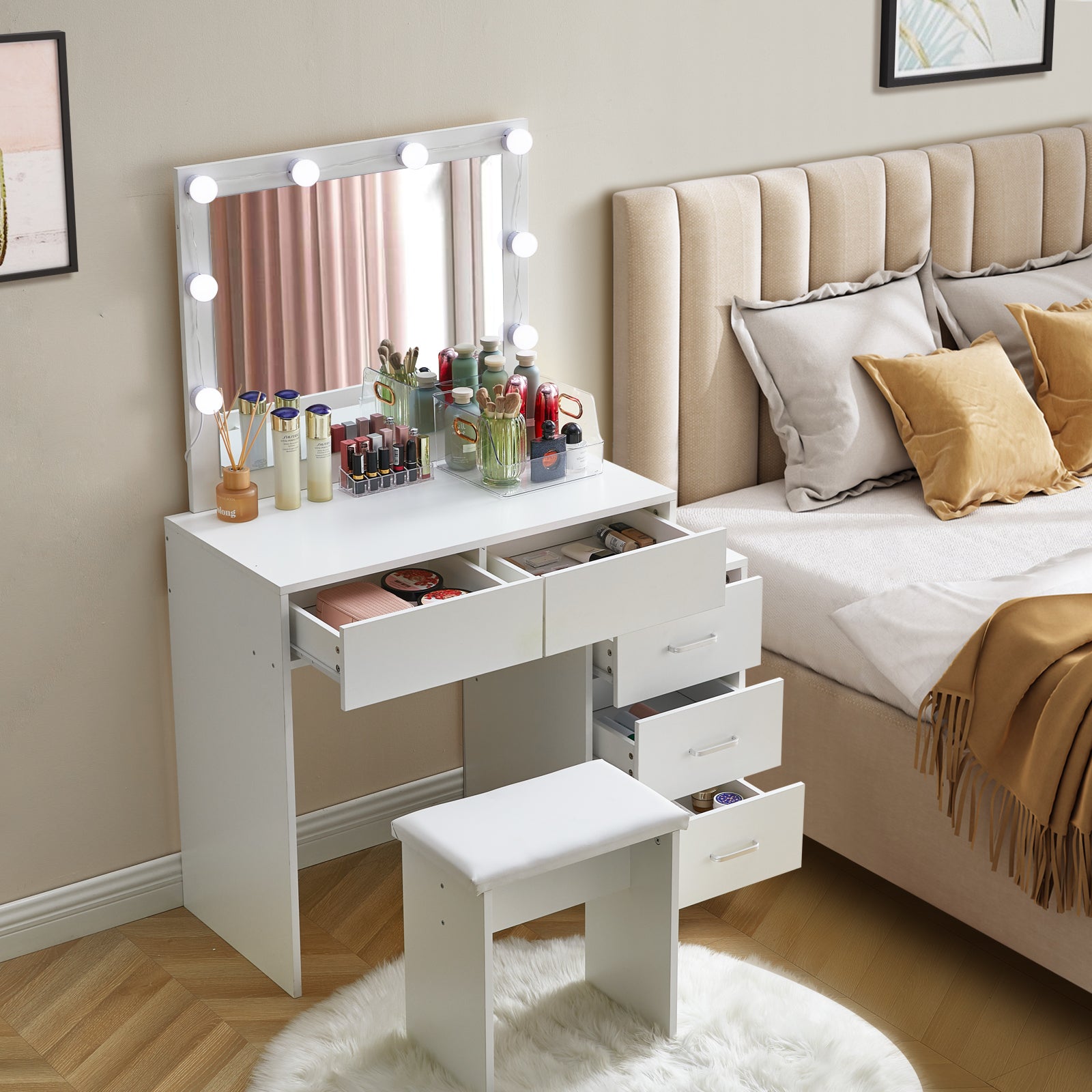 Aurora Dressing Table Set with Hollywood Mirror & Lights, 5-drawer ...