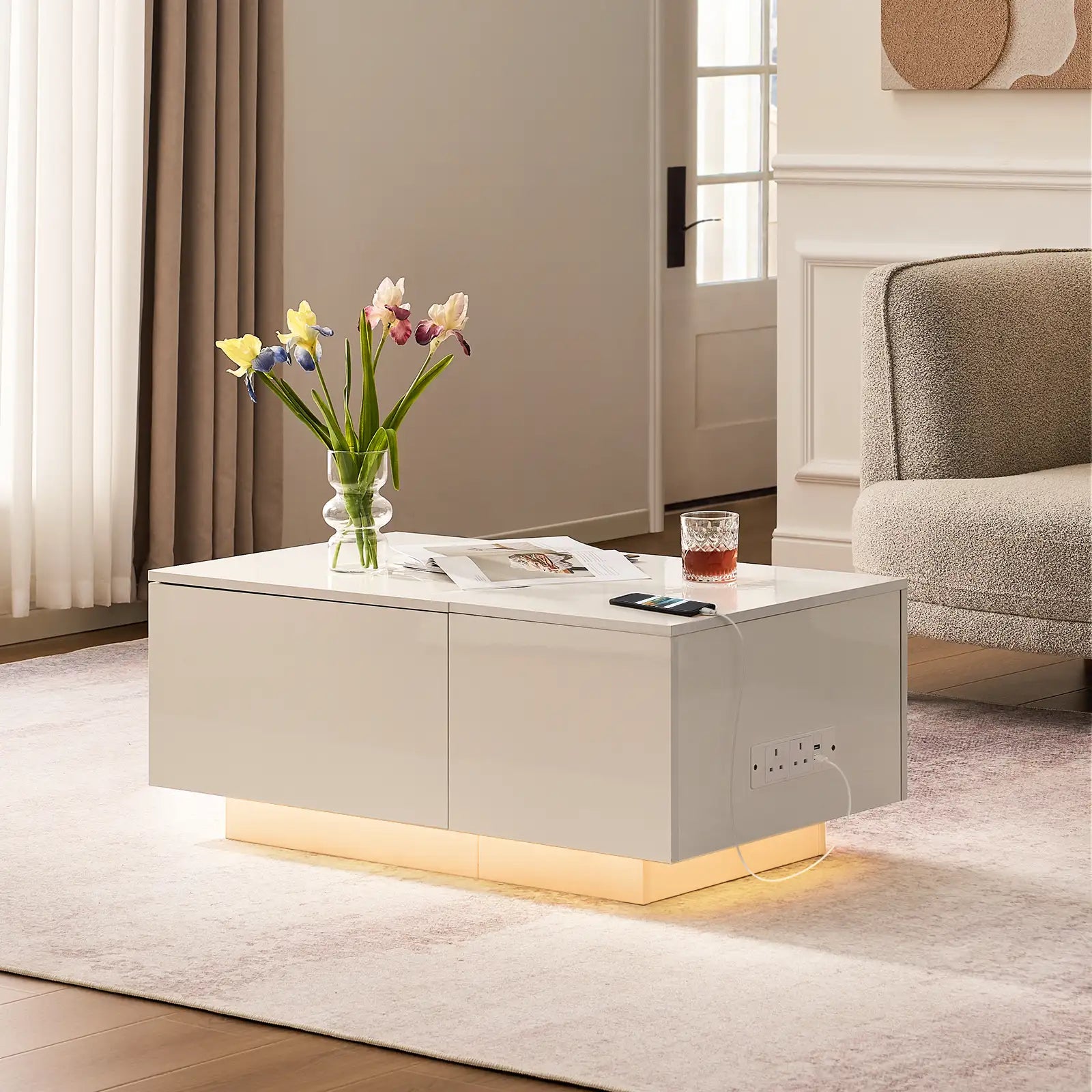Lift Top Coffee Table with LED Lights & Hidden Storage, White Gloss ...