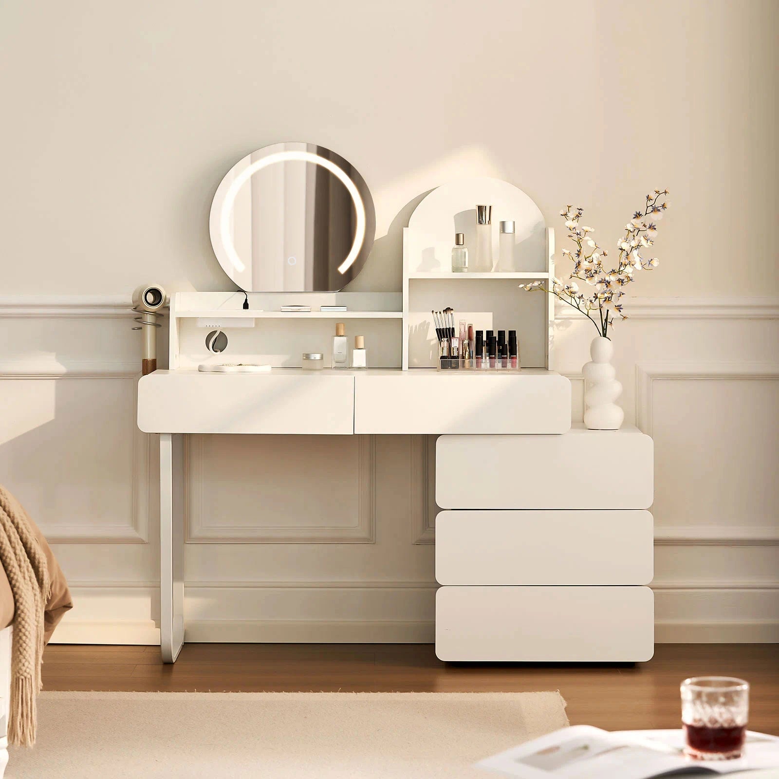 Modern White Dressing Table with Charging Station,LED Lights&Round ...
