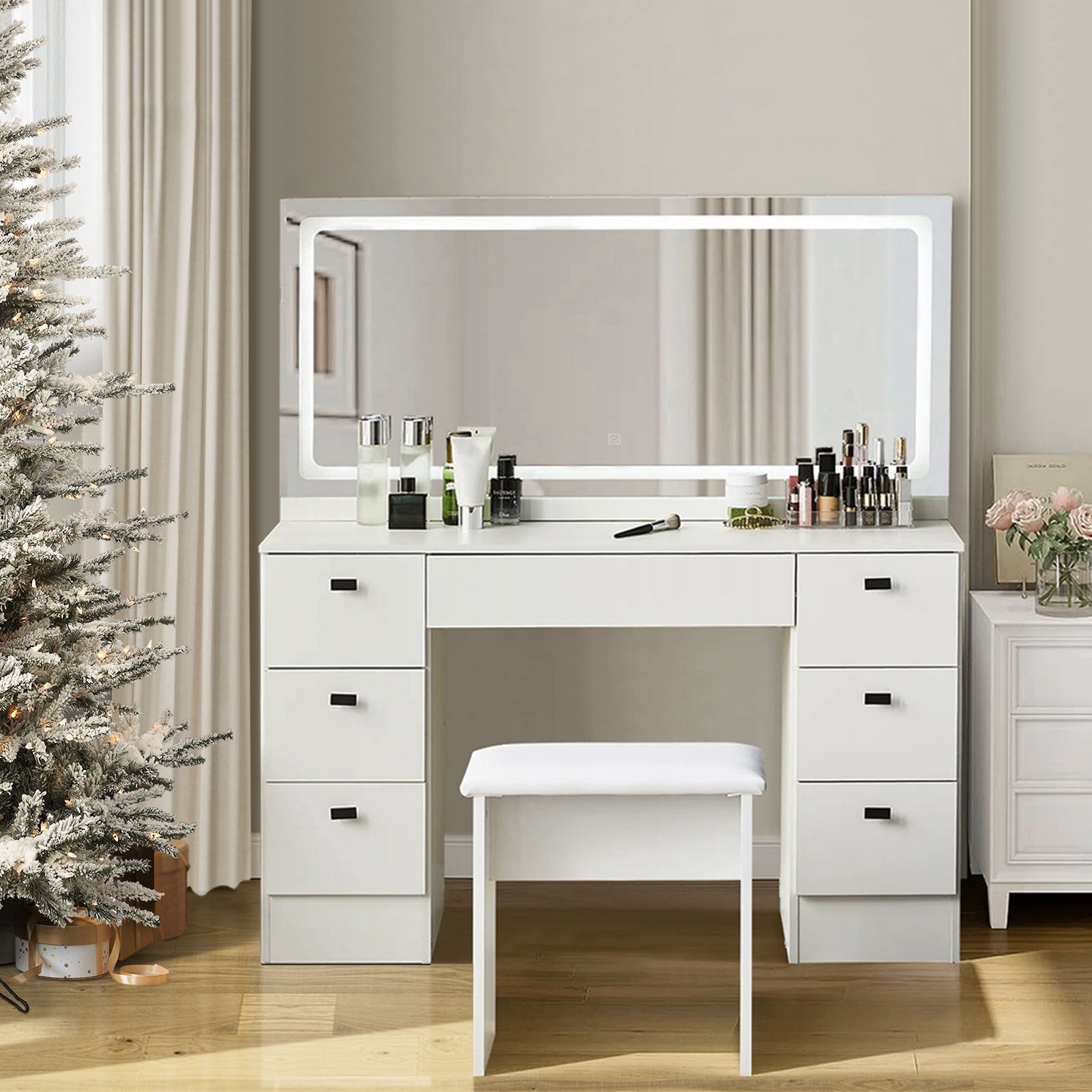 Clipop Hollywood White LED Light Dressing Table Big Desktop 6 Drawers ...
