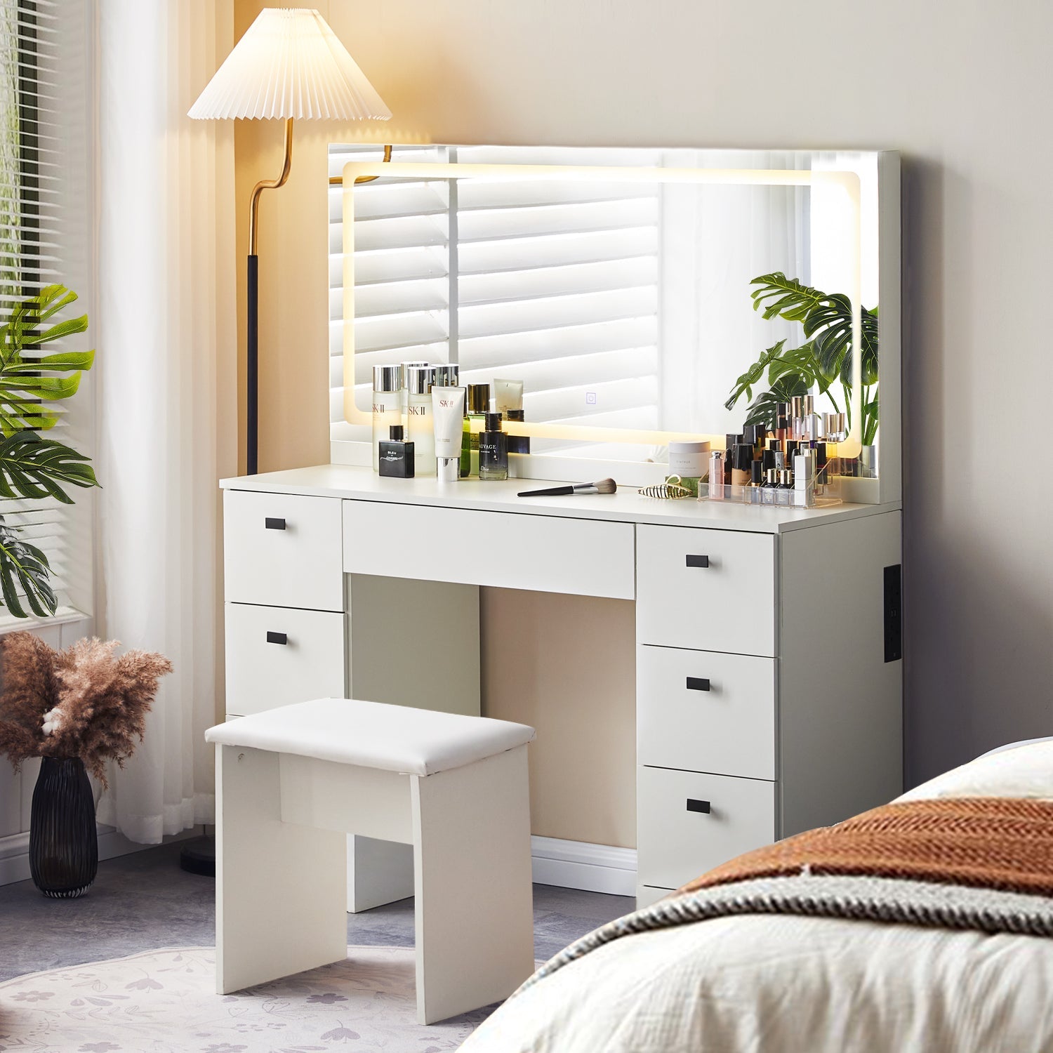 Clipop Hollywood White LED Light Dressing Table Big Desktop 6 Drawers ...