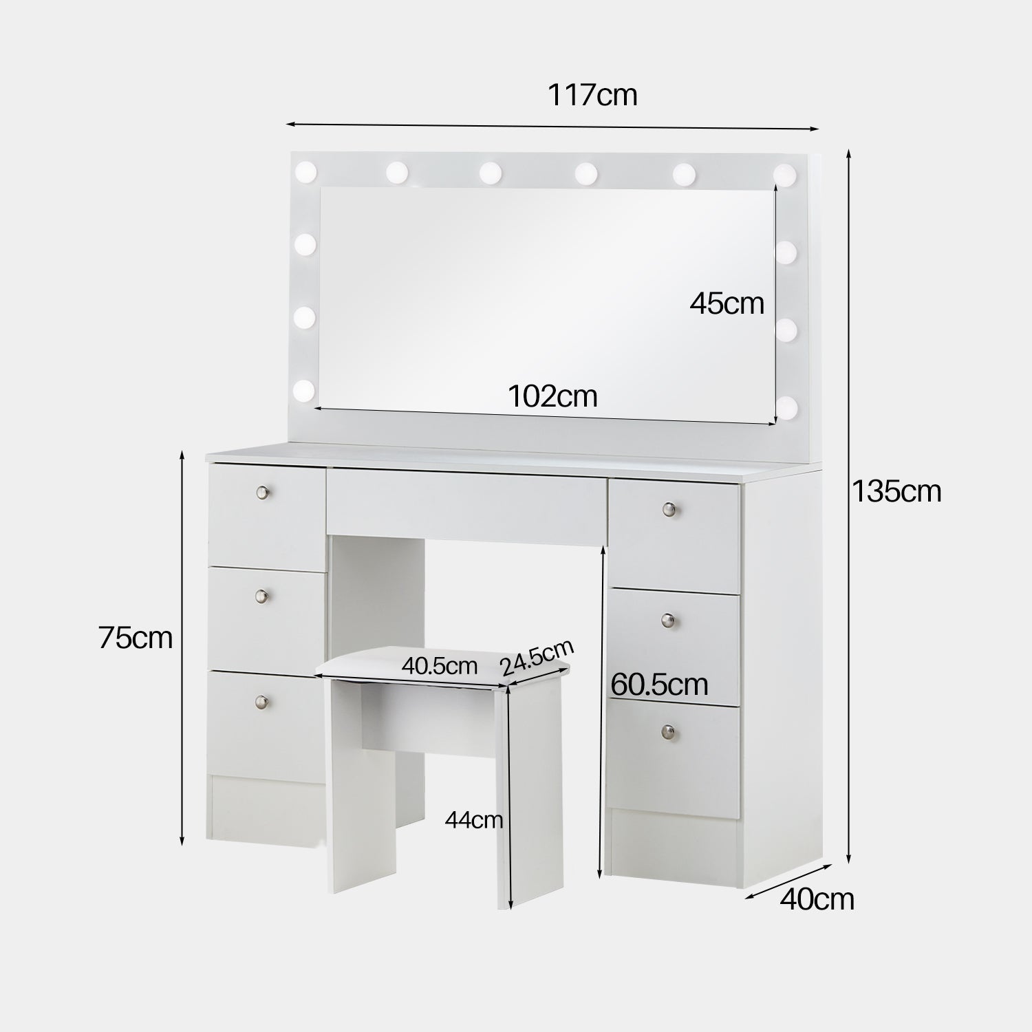 Clipop Hollywood White Dressing Table 3 Colors LED Light Big Desktop ...