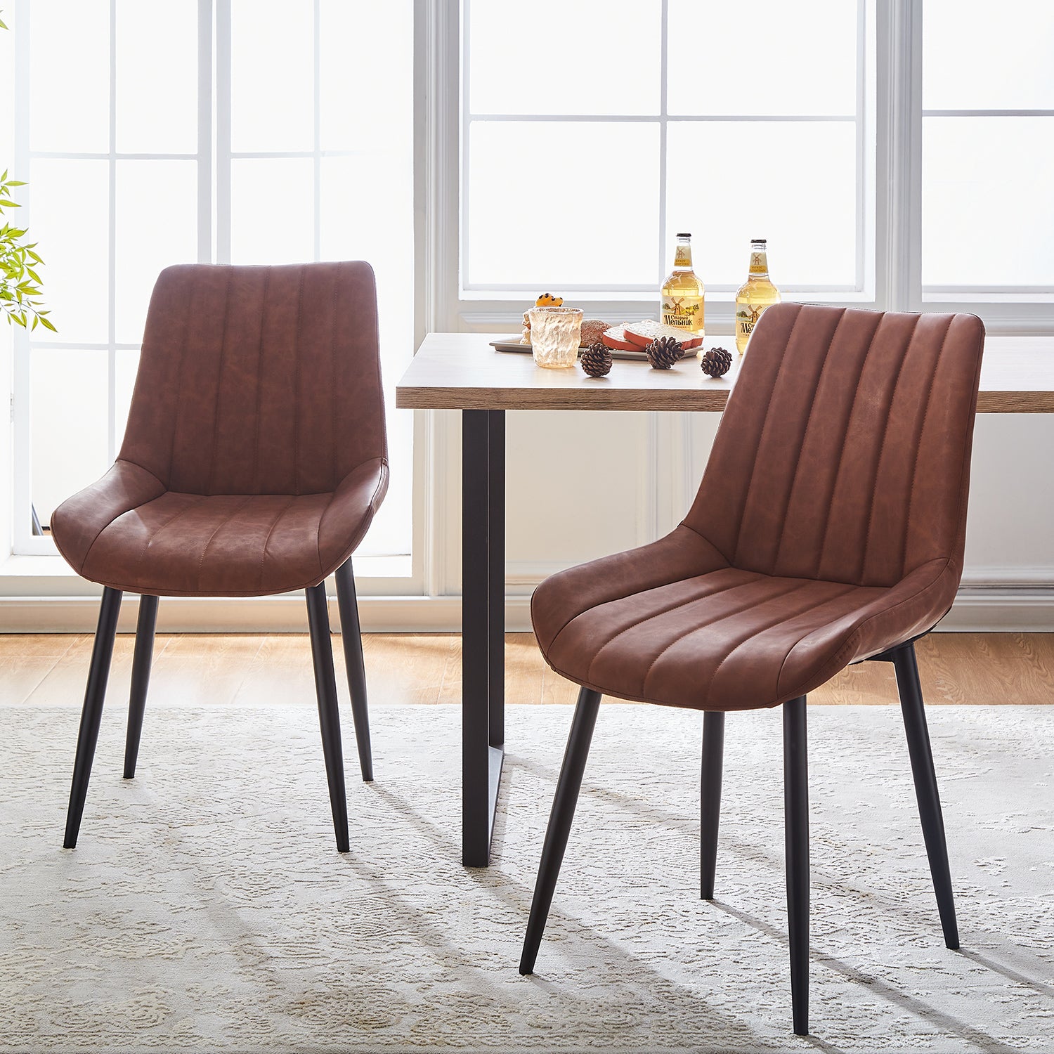 Brown leather dining chairs set of 6 store